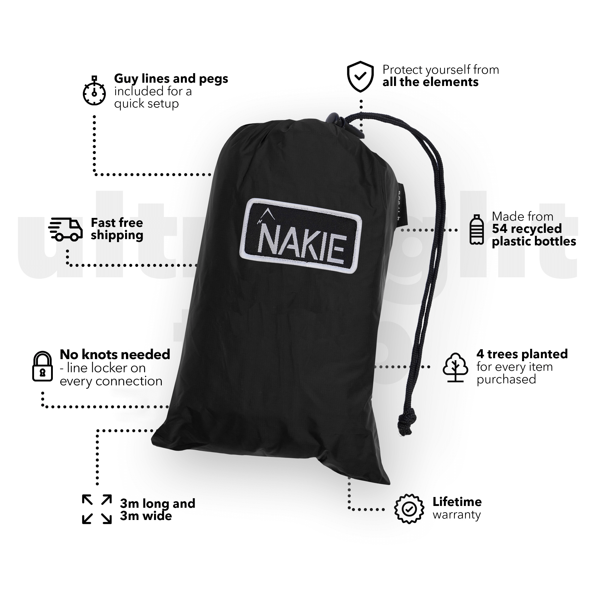 Black - Ultralight Tarp No Knots | Made From 100% Recycled Material ...